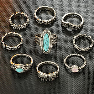 Octwine 9Pcs Bohemian Statement Knuckle Silver Rings Set Turquoise Finger Ring Elephant Midi Vintage Rings Punk Leaf Ring for Women