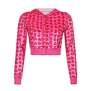 Kaenwang Women 's Heart Print Full Zip Velour Hoodie, Y2K Long Sleeve Crop Sweatshirt Cute Jogging Jacket (Red-top, Small)