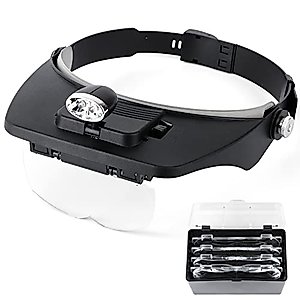 Head Mount Magnifier Optivisor with LED Jewelers Magnifying Glasses 1.2X 2X 1.8X 2.5X 3.5X Optical Headset Magnifying Visor Reading Magnifier Jeweler Loupe with 4 Lens Close Work Magnifier Headset