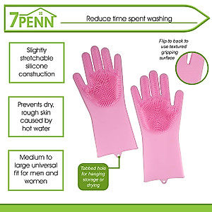 7Penn Reusable Dishwashing Gloves with Scrubber Bristles, Pink - Silicone Scrub Dish Cleaning Gloves for Men and Women