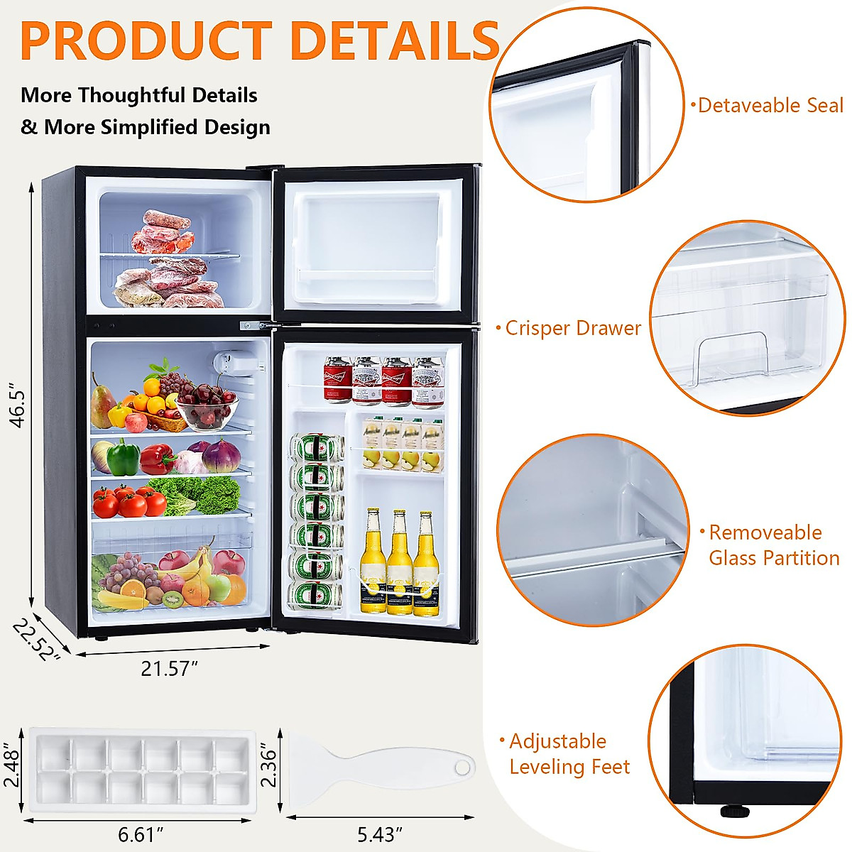 Litake 4.5 Cu. Ft Mini Fridge with Freezer, Refrigerator with Stainless Steel 2 Doors, 5 Adjustable Thermostat Settings, Compact Refrigerators with Crisper Drawer for Apartment, Dorm, Office, 128L