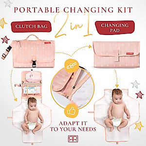 Portable Diaper Changing Pad Waterproof – B0NUS Insulated Baby Bottle Bag, 2-in-1 Diaper Clutch and Changing Mat, Wipe Clean Portable Changing Pad with Built-in Head Cushion (Peach)