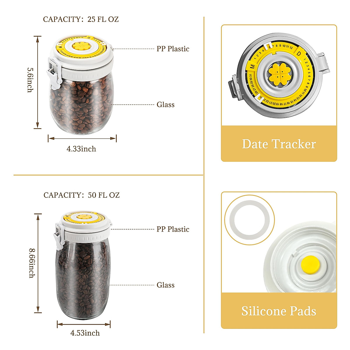 Airtight Glass Coffee Canister,Airtight Glass Jars,Glass Fermentation Jar Pickle Jar,Wide Mouth Jar with One-way Venting Lid for Canning Cereal,Spice,Sugar,Fermenting,Pickling Cucumber,Fluid Ounce 25