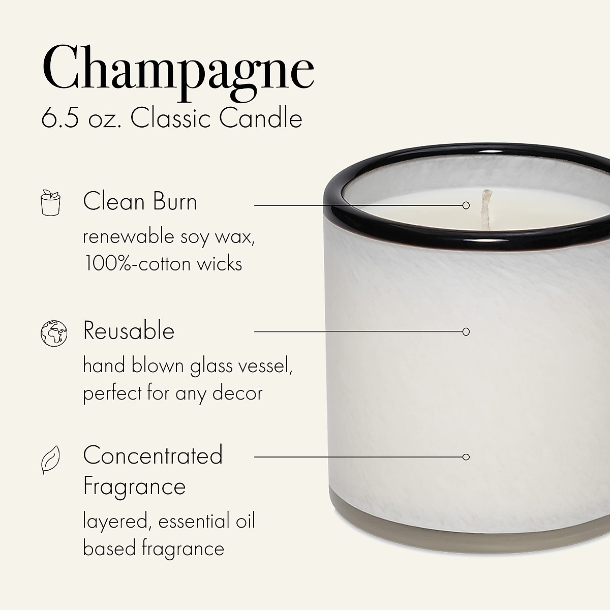 LAFCO New York Classic Candle, Champagne - 6.5 oz - 50-Hour Burn Time - Reusable, Hand Blown Glass Vessel - Made in The USA