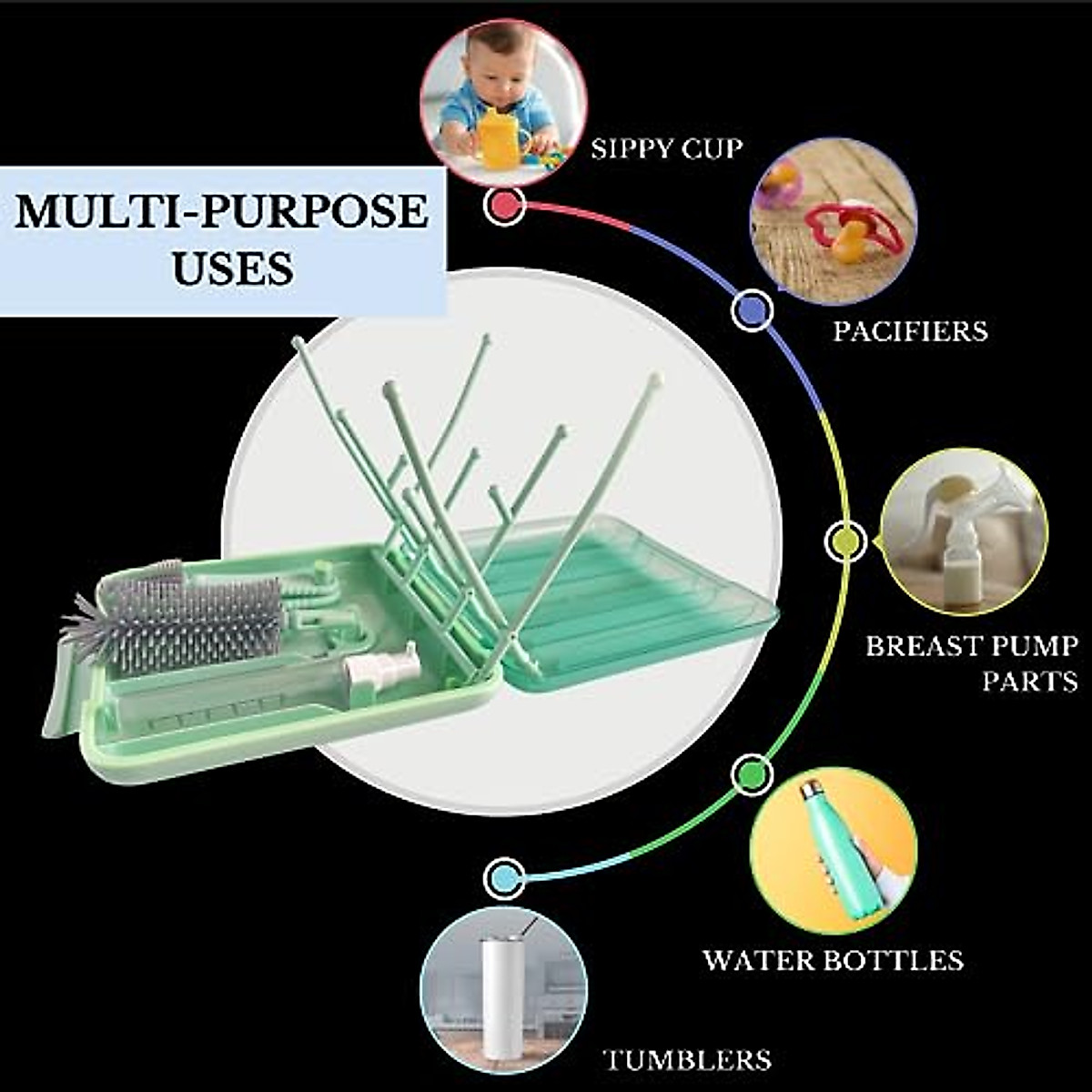 6 in 1 Baby Bottle Cleaning Brush Set : Silicone Bottle Brush, Nipple Brush, Straw Brush, Baby Bottle Drying Rack Space Saving, Soap Dispenser, & Storage Box. Newborn Essentials Must Haves. Green