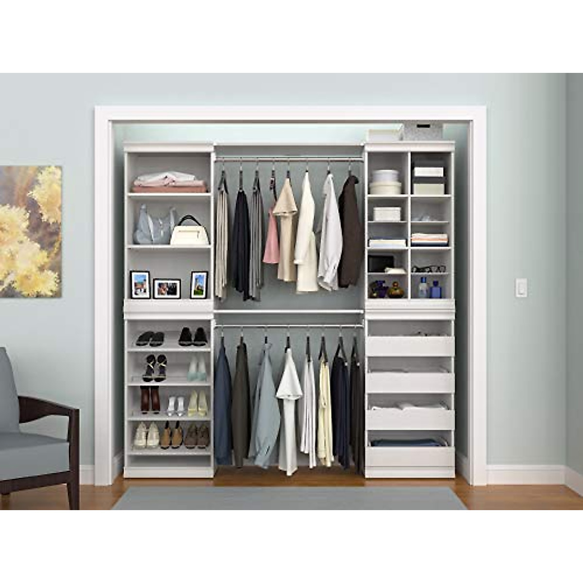 ClosetMaid 4557 Modular Closet Storage Stackable Shelf Unit- White & SuiteSymphony Starter Tower Kit, Expandable Closet Rod, Satin Nickel