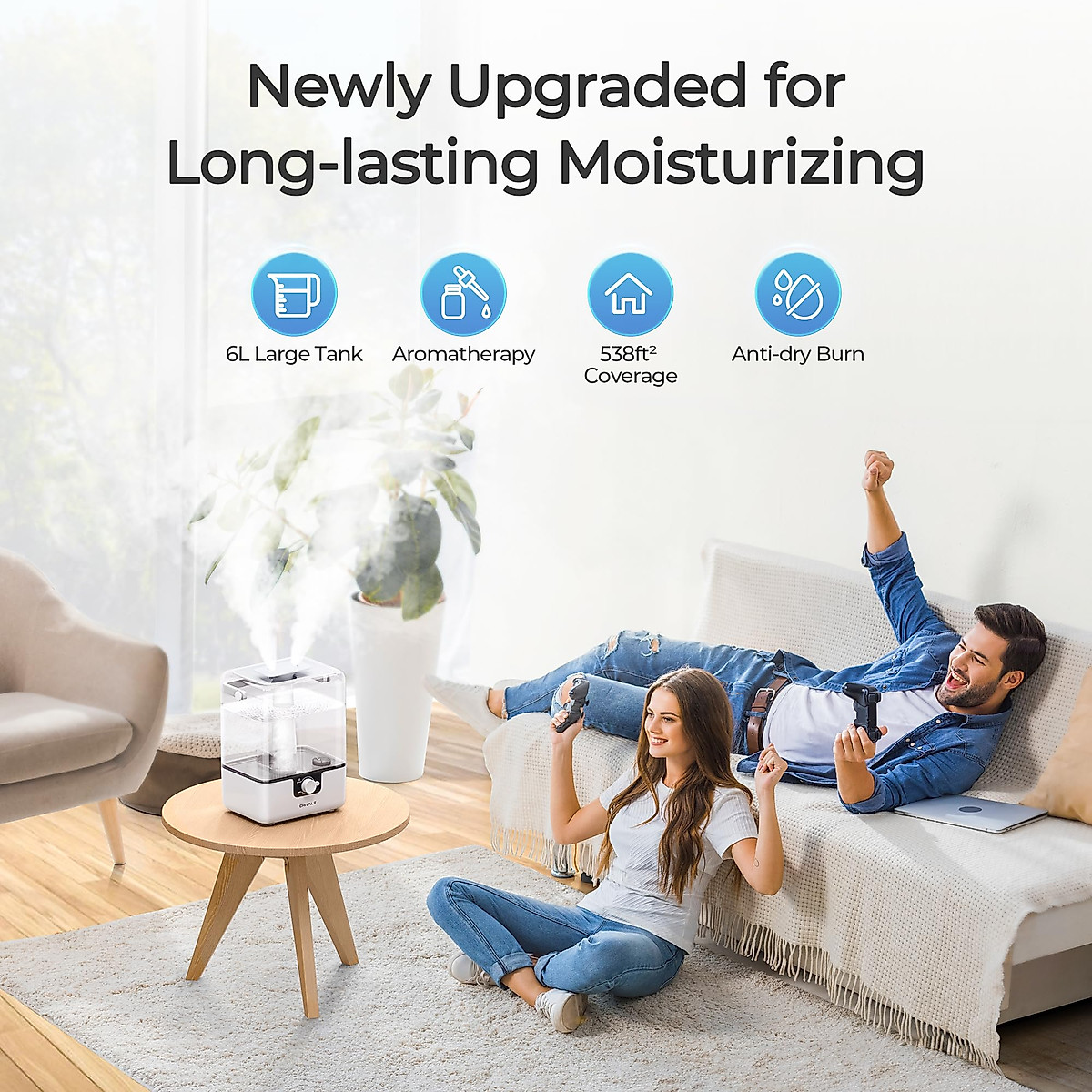 6L Humidifiers for Bedroom Large Room Home, CHIVALZ Cool Mist Top Fill Humidifiers for Baby Nursery and Plants, 26dB Quiet, Nightlight, Up to 50 Hours, Oil Diffuser 1 Pack + 2 Mist Outlets White