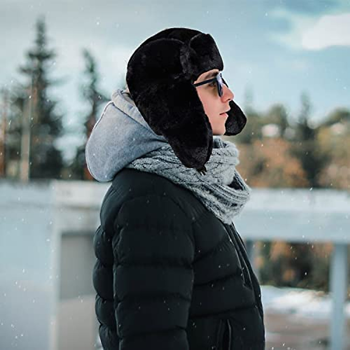 Peicees Winter Hats for Men Womens Fur Hats Russian Ushanka Trapper Hat with Ear Flaps Warmer for Adult Boys Girls Black