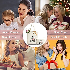 AUNOOL Initial Floral Canvas Tote Bag with 2 Inner Pockets, Personalized Wedding Gift Bag for Women Teacher Bridesmaid Flower, Reusable Shopping Bag for Groceries, Cosmetic Makeup Bag Letter A