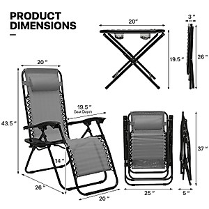 MoNiBloom Indoor/Outdoor Zero Gravity Chairs 3-Piece, Adjustable Folding Reclining Chairs with Folding Table, Pillow and Tray, Pool Patio Lawn Beach Vacation Lounger, 330lbs Capacity, Grey