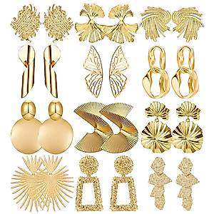 BESTEEL Gold Statement Earrings for Women Boho Large Gold Plated Drop Dangle Geometric Exaggerated Earrings Set Hypoallergenic Punk Stylish Sectored Twisted Flower Ginkgo Leaf Earrings Jewelry Multipack Gift 12 Pairs