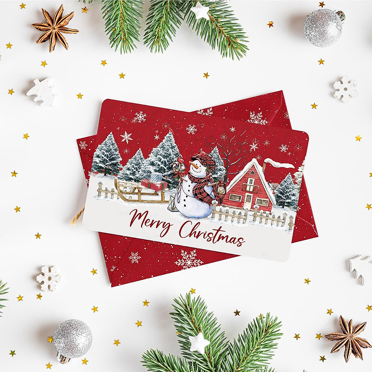 Artoid Mode 24 Pack Merry Christmas Thank You Cards House Snowman Xmas Tree Greeting Cards Gift With Envelope Sticker Blank Note Cards for Birthday Wedding Baby Shower Bridal Shower, 4 x 6 Inch