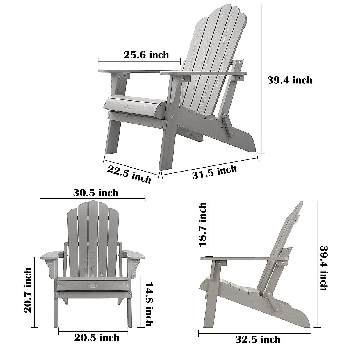 hOmeHua Folding Adirondack Chair Weather Resistant, Hard Plastic Imitation Wood Stripes Adirondack Chair, Easy to Fold Move & Maintain, Outdoor Chair for Patio, Backyard Deck, Fire Pit - Gray