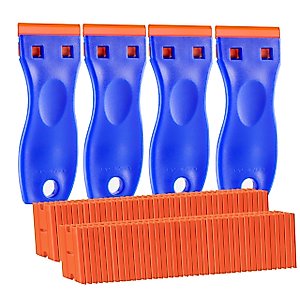JVSEYTE 4 PCS Plastic Razor Blade Scraper and 120 PCS Plastic Razor Blades, Cleaning Scraper Tool for Remover, Adhesive, Stickers, Decals, Glass, Labels, Cars Windows