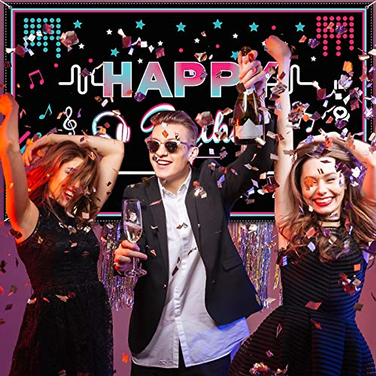 Music Happy Birthday Party Backdrop Musical Social Media Birthday Party Supplies Social Media Photography Background Large Fabric Banner for Teens, 73 x 43 Inches