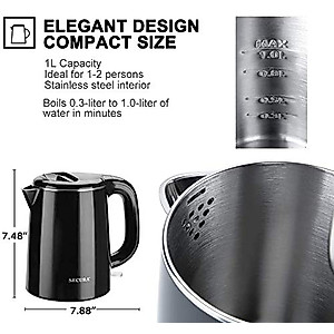 Secura Stainless Steel Double Wall Electric Kettle Water Heater for Tea Coffee w/Auto Shut-Off and Boil-Dry Protection, 1.0L (Black)