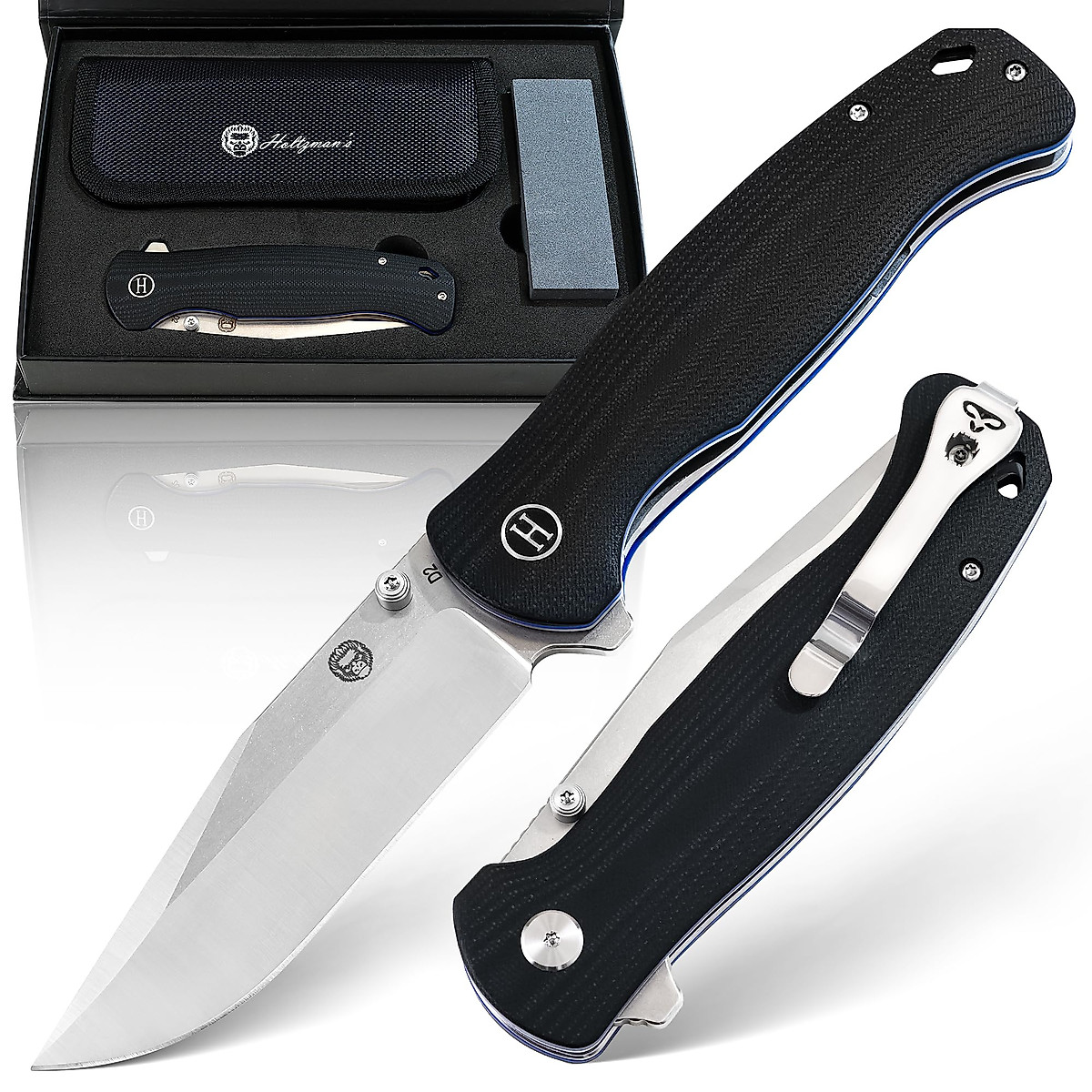 Holtzman's Gorilla Survival 'Wrangler' Folding Knife featuring D2 Steel Blade with G10 Handle in Gift Box Set (Silver+Blue)