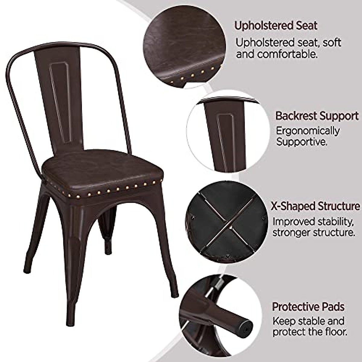 Yaheetech Metal Dining Chairs Stackable Side Industrial Set of 4 Kitchen Chairs with Soft Cushioned High Backrest 18 Inch Dark Brown