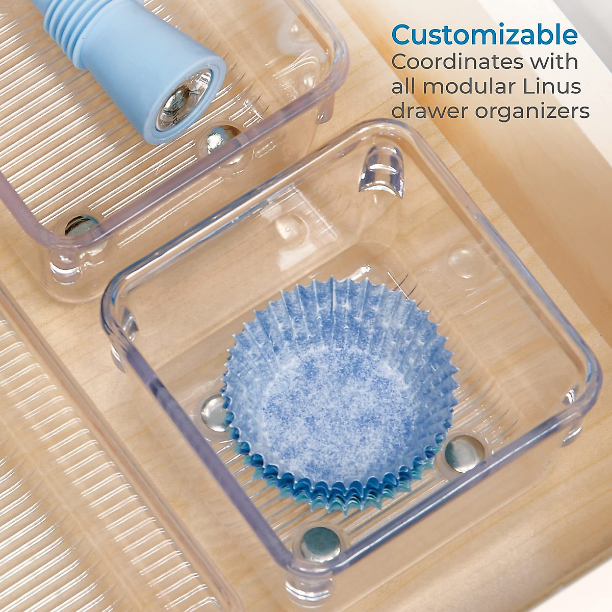 iDesign Linus Plastic Kitchen Drawer Organizer for Silverware, Spatulas, Cutlery, Gadgets, Office Supplies, Cosmetics, 4" x 4" x 3", Set of 2, Clear