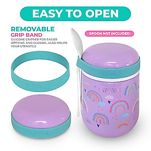 Kids Thermos for Hot Food and Soup, Insulated Lunch Bag and Stainless Steel Utensil Set. Container for Girls Boys Hot Lunches, Wide Mouth, Leakproof Easy Grip, Thermal Vacuum Seal 10 oz Purple Rainbow