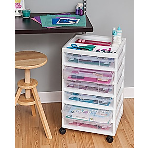 IRIS USA Fits 12" x 12" Paper, 6-Tier Scrapbook Rolling Storage Cart with Organizer Top for Papers Vinyl Tools Office Art and Craft Supplies, Yarn, White Frame with 6 Clear Cases w/ Built in Handle