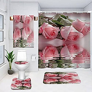 Mightree Bathroom Shower Curtains 5 pcs Sets, Waterproof Fabric Bathroom Curtain with 12 Hooks, Toilet Lid Cover and Bath Mat, Non-Slip Rug Foot mat, Beach Towel, Pink Rose, Large