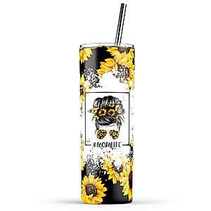 YouNique Designs Sunflower Mom Coffee Tumbler with Straw and Lid, 20 Oz, Insulated Stainless Steel Skinny Tumbler for Women, Mama Tea Tumbler, Mom Life Water Tumbler Cup