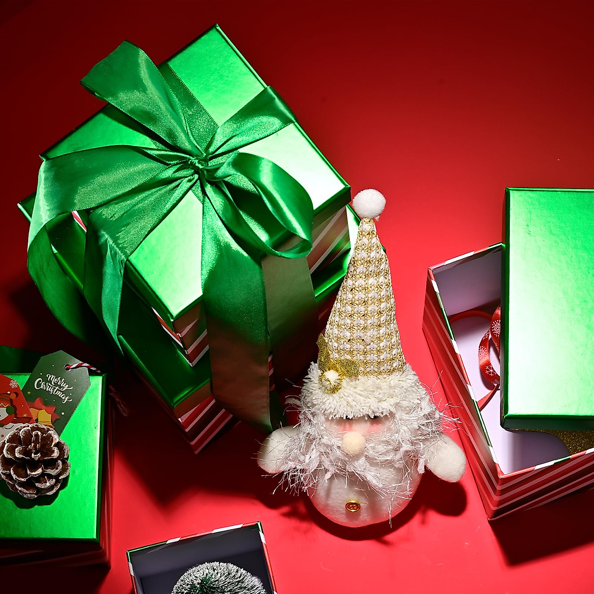 PAPER FAIR 5PCS Christmas Nesting Gift Boxes with Lid, Xmas Nested Box Set, 5 Sizes, Square Stackable, Green Red Stripe Paper Box Tower Décor with Satin Ribbon, for Holiday Thanksgiving New Year