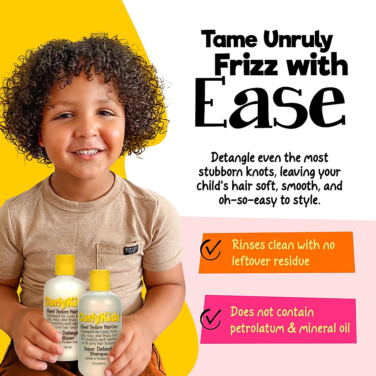 CurlyKids Super Detangle Kids Shampoo & Conditioner Set, Frizz-Free Care for Curly, Kinky, Wavy, and Frizzy Hair - Sulfate & Paraben-Free Hair Care