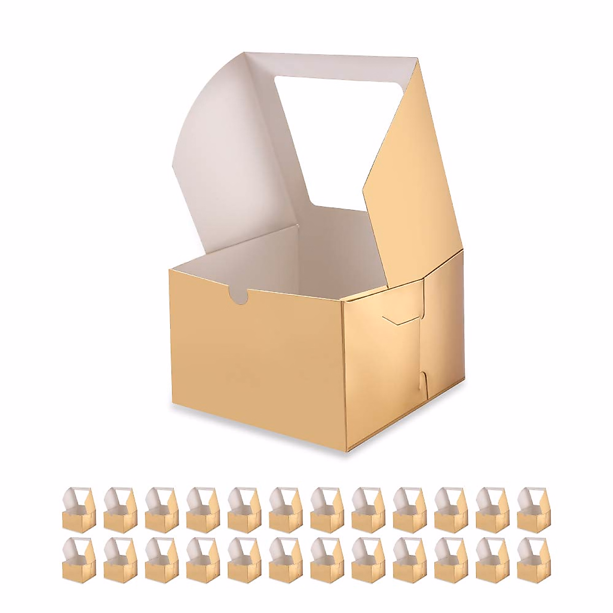 BAKIPACK 25 Gold Bakery Boxes with Window 5x5x3.5 Inches, Dessert Boxes to Go with Window, Treat Boxes for Small Bakery, Dessert, Candy, Cookies, Pastry, Party Favors, Wedding Cake