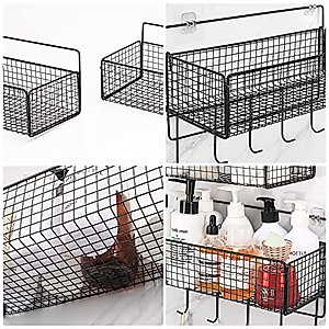 Livabber Adhesive Shower Caddy Basket Shelf with Hooks, All Metal Bathroom Organizer Shelf Rustproof Storage Basket No Drilling Wall Mounted, 2-in-1 Space Saving Kitchen Spice Racks, 2 Pack, Black