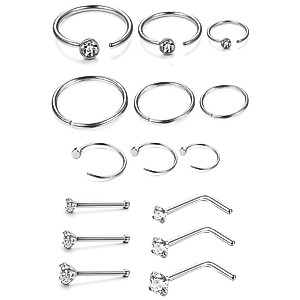 Jstyle 20G 15Pcs Stainless Steel Nose Rings Studs for Women Men Hoop Piercing Body Jewelry