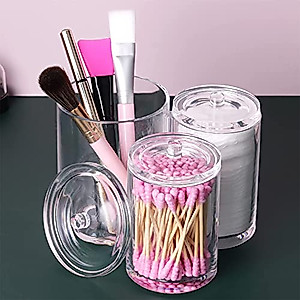 MOSIKER Cotton Ball Qtip Holder Dispenser with Lid,Clear Acrylic Round Bathroom Counter Organizer (3 Connected Towers)