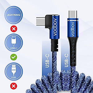 VODBOV Coiled USB-C to USB-C Cable 2ft to 8FT Fast Charging Cord Right Angle Braided 90 Degree Blue