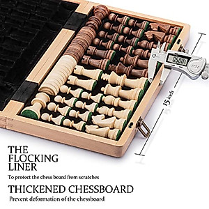 A&A 15 inch Wooden Folding Chess & Checkers Set w/ 3 inch King Height Staunton Chess Pieces / 2 Extra Queens - Beech Box w/Maple & Walnut Inlay