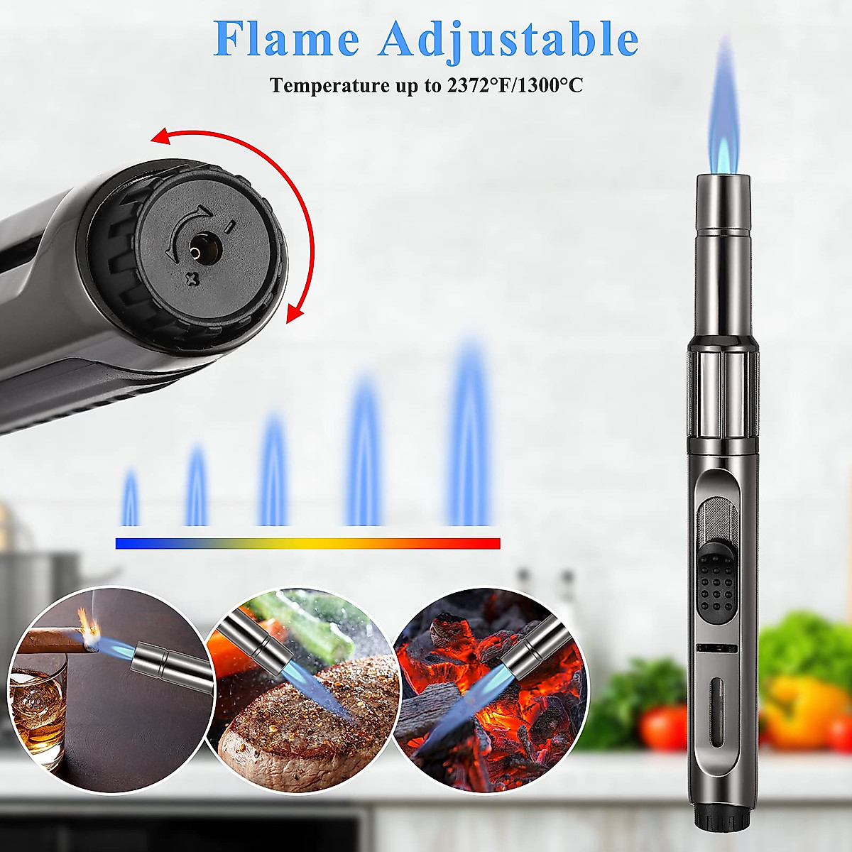 Butane Torch Lighter Long Butane Lighter Refillable Kitchen Torch Lighter with Visible Fuel Window Adjustable Jet Flame Pen Lighter Butane Lighter for Grill Fireplace (Black1)