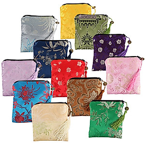 kilofly 12 pc Silk Brocade Tasseled Coin Purse Zipper Jewelry Bag Gift Pouch Set