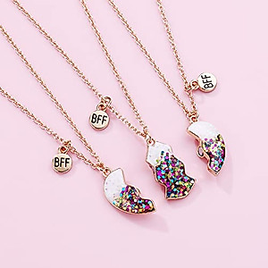 Saalort Best Friend Necklaces for 3 Matching Heart Pendant Magnetic Bff Friendship Necklace (Gold Sequin)
