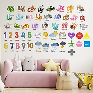 Alphabets Stickers Wall Decals Peel and Stick for Kids Classroom Playroom Decor, Transparent Design Preschool Educational Animals Weather ABC Alphabets Numbers Learning Wall Stickers for Toddler Kids