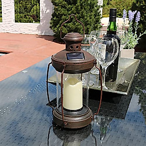 Sunnydaze Hanging Solar Light with LED Light and Candle - 12-Inch Outdoor Solar Lantern - Antique Outdoor Decoration for Patio, Porch, Deck, Garden or Backyard