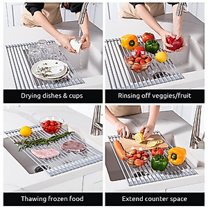 U-Taste Roll Up Dish Drying Rack 20.5 by 13 Inches, Over The Sink Foldable Multipurpose Silicone Dish Drainer Warm Gray, Large