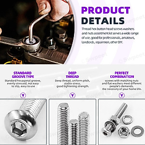 Swpeet 161Pcs M6 Metric 304 Stainless Steel Button Head Hex Socket Head Cap Bolts Screws Nuts and Hex Nuts with Flat Washers and Split Lock Washers Kit, Screws Nuts Washers Wrench All Included