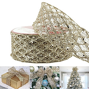 HUIHUANG Champagne Wired Ribbon 2-1/2", Glitter Diamond Wire Edge Ribbon Champagne Gold Christmas Ribbon for Holiday Tree, Bows Making, Wreath Supplies, Garland, Home Decor, Crafts -10 Yards