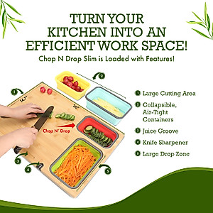 Slim Over Sink Cutting Board for Kitchen with 4 Color-Coded Collapsible Containers- Meal Prepdeck Station with Containers and Built-in Knife Sharpener (Original Containers)