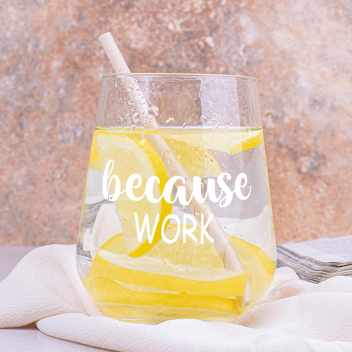 Fatbaby Funny Wine Glass Gifts For Coworker, Humorous Office Gift For Boss Lady,Secretary,Work Besties,Christmas Birthday Gag Gifts for Employee,Friends, Because Work Stemless Wine Glass 15OZ