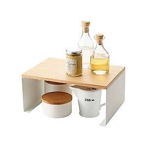 Yamazaki Wood-Top Stackable Kitchen Rack-Modern Counter Shelf Organizer, White
