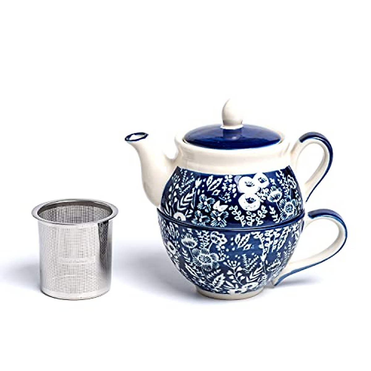 Taimei Teatime Ceramic Tea for One Set, 15 OZ Teapot with Infuser and Cup Set, Blue and White Teapot Set for one, Tea Set for Women, Adults