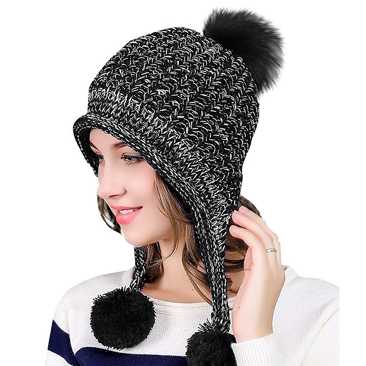DOCILA Winter Knit Hats for Women Soft Faux Fur Pom Ear Flaps Beanie Warm Travel Ear Covers Peruvian Hat Fleece Liner Sherpa Skii Snow Camping Skully Cap (Black)