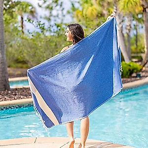 Turkish Beach Towel 100% Cotton Peshtemal Travel Camping Bath Sauna Beach Gym Pool Blanket Gift Quick Dry Sand Free Beach Towel - Blue