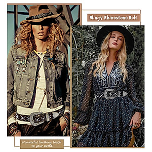 SANSTHS Women Rhinestone Belt for Jeans, Western Cowgirl Bling Studded Belt Faux Crocodile Grain Leather, Black S